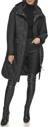 DKNY Womens Button Down Long Quilted Coat, Black, S