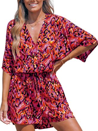 Cupshe Damen Jumpsuit V-Ausschnitt Kurzarm Strampler Leopardenmuster Weites Bein Kurz Overall mit G&uuml;rtel Casual Lose Playsuit Rot/Ausflug XS