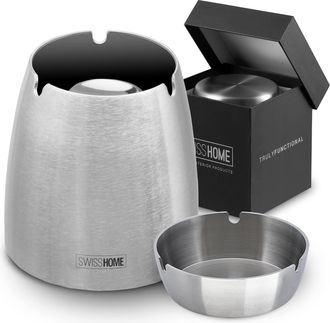 Swiss Home Geruchsdichter XL Aschenbecher mit Deckel - 2 in 1 - für Drinnen & Draußen aus Edelstahl in Premium Geschenkbox