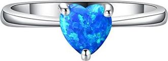 Generic Bague en acier inoxydable pour femme avec opale en forme de coeur et opale blanche, bleu, 10