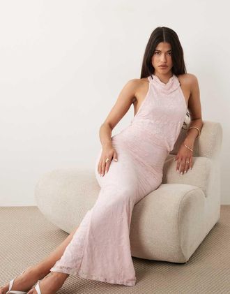 Asos Robe longue dos nu en dentelle avec buste torsad&eacute; - Rose