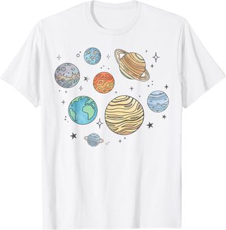 Trendy Apparel Solar System Planets Jumbled Watercolor Style T-Shirt