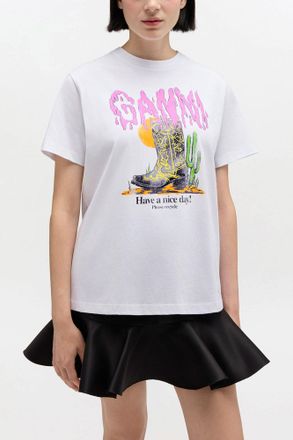 Ganni T-shirt blanc imprim&eacute; bottes western Coton biologique - Taille S - Pour Femme