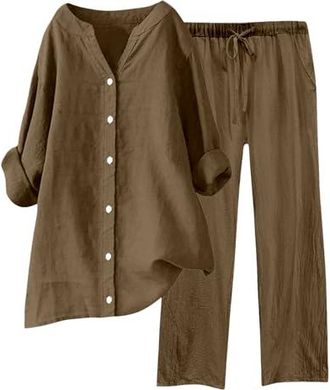 Generic Ensemble 2 pi&egrave;ces pour femme, chemisier &agrave; jambes larges, poches, pantalon &eacute;lastique, d&eacute;contract&eacute;, col en V, mode streetwear (Brown, XXXXXL)