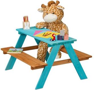 Relaxdays Kindersitzgarnitur Garten, Picknickbank, HBT: 51x90x78 cm, Kindersitzgruppe für 4 Kinder, Holz, blau/braun