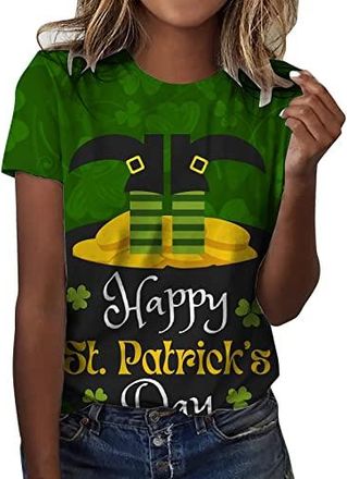 Generic Chemise de la Saint-Patrick pour femme &agrave; manches 3/4 - Haut vert tr&egrave;fle - Haut d&eacute;contract&eacute; et ample pour femme - V&ecirc;tements irlandais - Pull slim fit -