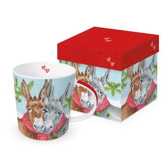 ppd Weihnachts-Kaffeebecher Set, Winterliche Esel Design, Porzellan Tassen mit Geschenkbox, Rot und Blau, 2 St&uuml;ck