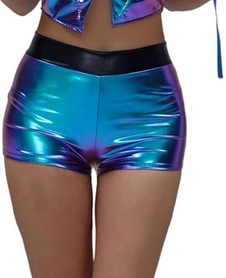Generic Short en cuir synth&eacute;tique pour femme - Short contrast&eacute; taille haute extensible pour festival, performance, f&ecirc;te, tenue de rave moulante pour bo&icirc;te de 