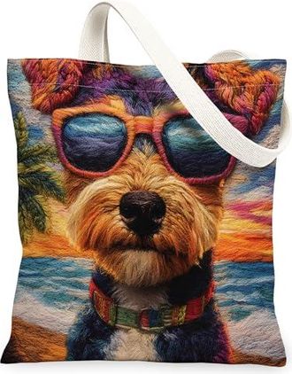 Generic Summer Airedale Terrier Sac fourre-tout en toile pour faire du shopping, 33 x 38,1 cm, sac r&eacute;utilisable &agrave; motif imprim&eacute; de chiot c&ocirc;tier pour femme, pe