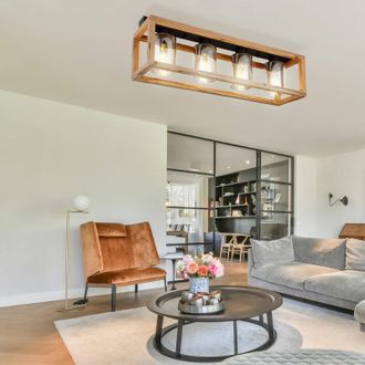 Globo Lighting Plafonnier table à manger plafonnier rétro rustique maison de campagne plafonnier salon bois, verre mdf fumée métal, 4 ampoules E27, LxlxH