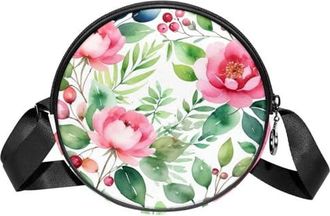 Generic Petit sac &agrave; bandouli&egrave;re circulaire pour femme, motif feuilles florales, sac &agrave; dos avec fermeture &eacute;clair, bretelles r&eacute;glables, sac &agrave; main rond d&eacute;contra