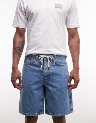 Parlez Clothing Serge - Short en jean &agrave; taille nou&eacute;e - Bleu clair d&eacute;lav&eacute;