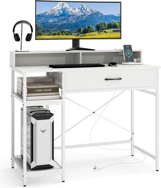 Giantex Schreibtisch mit Steckdosen, Computertisch aus Holz mit Aufsatz, Schublade & 2-st&ouml;ckigem Ablagefach, B&uuml;rotisch f&uuml;r Wohnzimmer & Schlafzimmer, 106 x 48