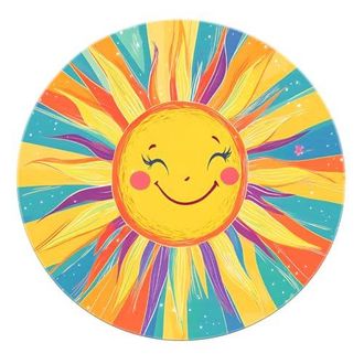 Generic Aquarelle Dessin animé Tapis Rond Soleil et étoiles, Motifs Joyeux, Tapis lavables antidérapants pour Chambre dEnfant, Salon et Cuisine 120x120cm