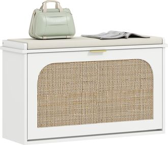 HOMCOM Schmale Schuhbank mit gepolsterter Sitzfl&auml;che und Flip-Schublade, Boho Schuhaufbewahrungsbank mit Rattant&uuml;r und verstellbarem Regal f&uuml;r Flur, Eingangs