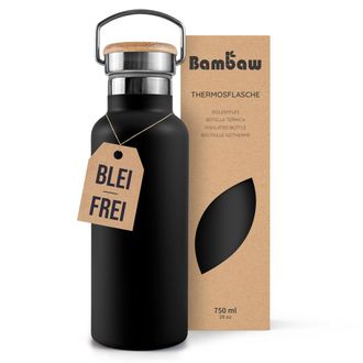 Bambaw Isolierte Edelstahl-Wasserflasche, 680 ml, Tiefschwarz, auslaufsicher, spülmaschinenfest, doppelwandig, 24 Stunden kalt
