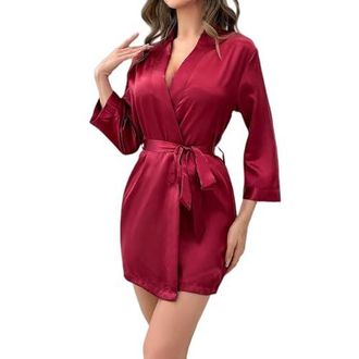 Generic Peignoir en satin pour femme - L&eacute;ger - Sexy - Kimono court - Col en V - V&ecirc;tement de d&eacute;tente en tissu satin&eacute; lisse - Respirant - Robe de chambre de mar