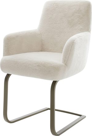 DELIFE Schwingstuhl Heira-Flex mit Armlehnen Freischwinger flach Effektfinish Titan Pl&uuml;sch Creme-Wei&szlig; Taschenfederkern