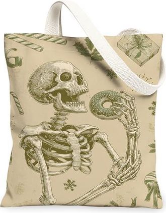 Generic Sacs fourre-tout en toile motif squelette vintage Halloween, sacs d&eacute;picerie r&eacute;utilisables, sacs d&eacute;picerie r&eacute;tro l&eacute;gers et lavables, beige, 13x15 Inch