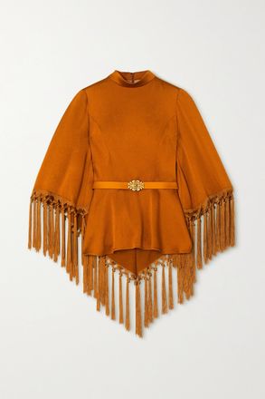 Andrew Gn Bluse Aus Geh&auml;mmertem Satin Mit Cape-effekt, G&uuml;rtel Und Troddeln - Braun