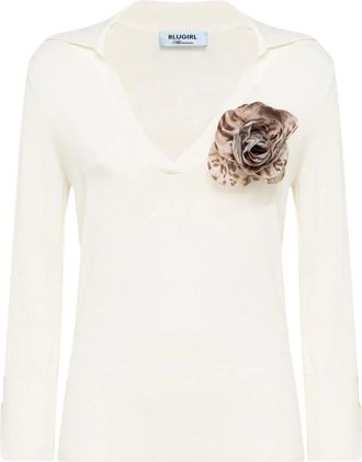 Blugirl Femme, Pulls, Blanc, Taille: 44 FR Polo Knit Top With Rose Brooch