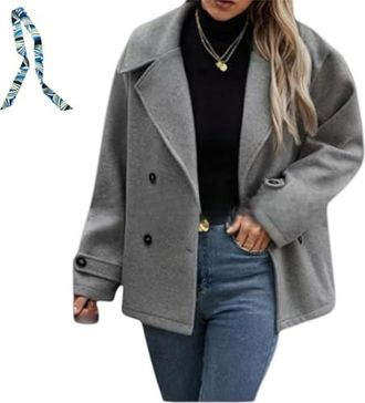 Generic Manteau court en laine m&eacute;lang&eacute;e &agrave; double boutonnage avec col &agrave; revers, manches longues, double boutonnage, blazer &agrave; revers crant&eacute;, gris, 3XL