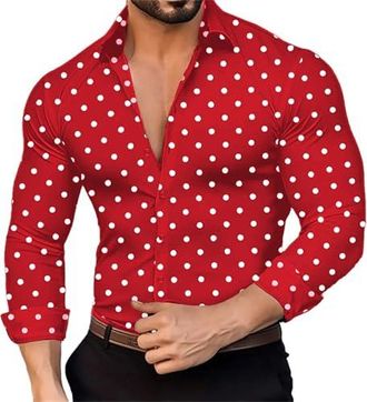 Generic Chemise à manches longues pour homme - Style décontracté à pois - Coupe droite - Pour le travail et le travail, Chemises rouges à manches longues pour