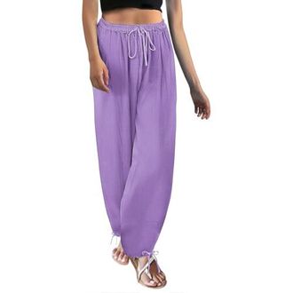 Generic Pantalon L&eacute;ger Femme Ample Fluide en Lin pour Ladies Fashionable and Casual Spring and Summer Cotton Linen Leg Tied High Waisted Pants Taille Elastiqu