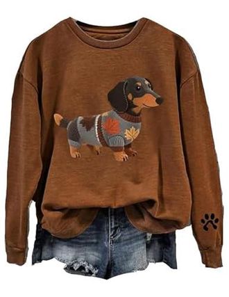 Generic Sweat-shirt &agrave; capuche pour femme avec imprim&eacute; Teckel - Manches longues - D&eacute;contract&eacute; - Automne Hiver - Pull graphique surdimensionn&eacute;, marron, XXL