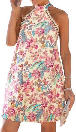 Cupshe Robe dété sans manches pour femme - Avec bordure en dentelle - Dos nu - Col haut - Robe courte - Robe de loisirs - Mini robe de fête, Pink Floral., S