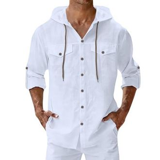 Generic DENGJIAMY Chemises &agrave; capuche &agrave; manches longues pour homme en lin uni &agrave; manches longues d&eacute;contract&eacute;es boutonn&eacute;es chemises tendance v&ecirc;tements de vacance