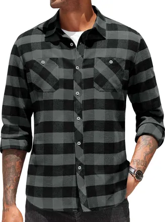 Coofandy Hemd Herren Flanellhemd Langarm Freizeithemden Karierte Oberhemden Baumwollhemd für Männer Business Karohemd Regular Fit Casual Langarmshirts Grau/Sch