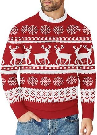 Coofandy Pulls Homme Col Rond Pull Tricot&eacute; Col Rond Pullover Pulls dHiver &agrave; Manches Longues Pull de Travail pour Business, Rouge de No&euml;l., M