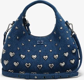 Ganni Mini-Hobo-Tasche aus Denim mit Nieten blau