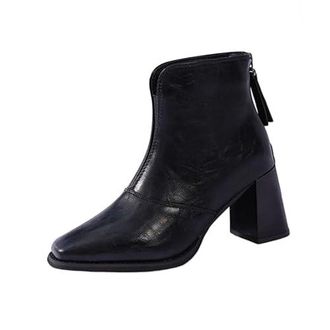 Generic Bottines pour femme &agrave; bout pointu &eacute;l&eacute;gantes &agrave; talon &eacute;pais de couleur unie avec fermeture &eacute;clair dans le dos confortables pour lautomne et lhiver, Noir