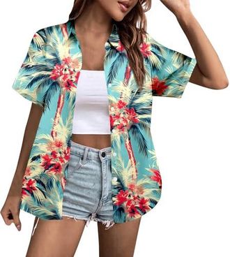 Generic Chemise de croisi&egrave;re carib&eacute;enne boutonn&eacute;e hawa&iuml;enne &agrave; manches courtes pour femme, motif palmier, plage, tropical, vintage, &eacute;t&eacute;, graphique, d&eacute;contract&eacute;