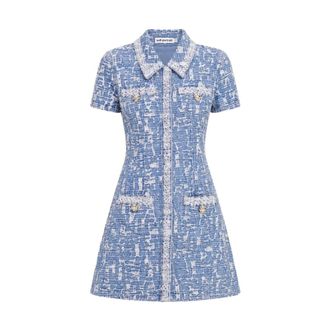 Self Portrait Robe courte en denim textur&eacute; - Femme - Robes - Bleu - Taille: 38 FR
