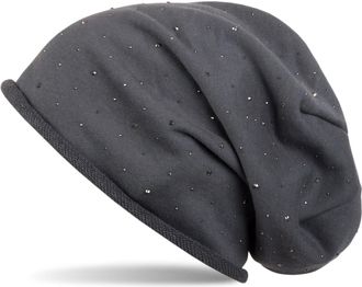 styleBREAKER Damen Beanie M&uuml;tze mit Strass-Nieten Applikation und Rollrand, warm 04024024, Farbe:Anthrazit