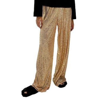 Generic Pantalon de yoga &eacute;vas&eacute; &agrave; paillettes taille haute &eacute;lastique pour femme, dor&eacute;, S