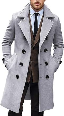 Generic Manteau long dhiver pour homme - Trench &agrave; double boutonnage - Veste &agrave; revers crant&eacute; - Veste chaude pour les affaires et les loisirs, gris clair, XXL
