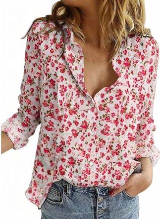 Generic Chemise boutonnée en lin pour femme, col en V, motif marguerite, chemisier avec poche, haut décontracté à manches longues, Z03-Rose vif, XXL