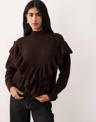 Asos Oversize-Pullover in Schokobraun mit Rüschen und Stehkragen-Brown