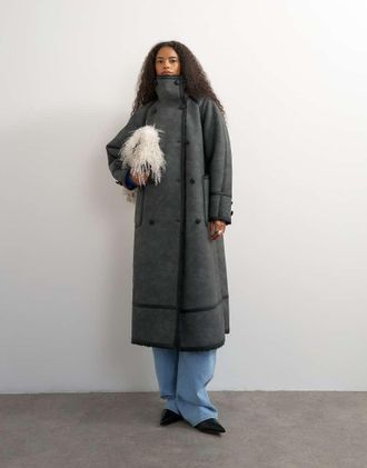 Topshop manteau long en imitation cuir &agrave; col chemin&eacute;e noir