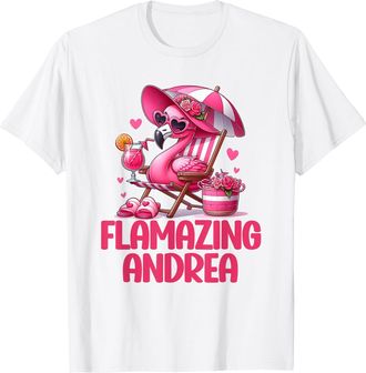 BDAZ Flamazing Andrea Pink Flamingo Tropical Beach Scene Damen T-Shirt