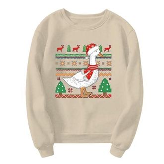 Generic Sweat-shirt de No&euml;l &agrave; manches longues et col rond d&eacute;contract&eacute; pour femme - Imprim&eacute; mignon - Automne et hiver, beige, XXL