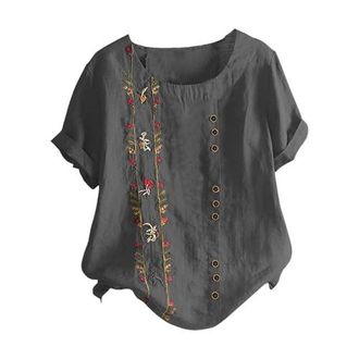 Generic T-shirt noir simple T-shirt r&eacute;tro en lin pour femme avec broderie florale T-shirt d&eacute;contract&eacute; &agrave; manches courtes pour les loisirs bureau T-shirts dr&ocirc;le