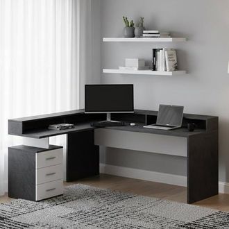 Dmora Schreibtisch Salomone, Eckschreibtisch mit Platte, Mehrzweck-B&uuml;roschreibtisch, 180x90h160 cm, Wei&szlig; und Schiefer