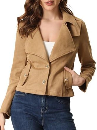 Allegra K Vestes en faux daim pour veste de motard &agrave; col &agrave; revers pour femme marron clair XL