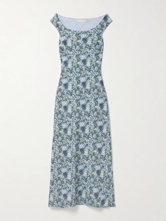 Faithfull The Brand Bessin Midikleid Aus Leinen Mit Blumenprint - Blau