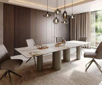 DELIFE Esstisch Edge 300x100 Keramik Minas Melange Wei&szlig;-Beige Pilier Metall Effektfinish Titan, Esstische